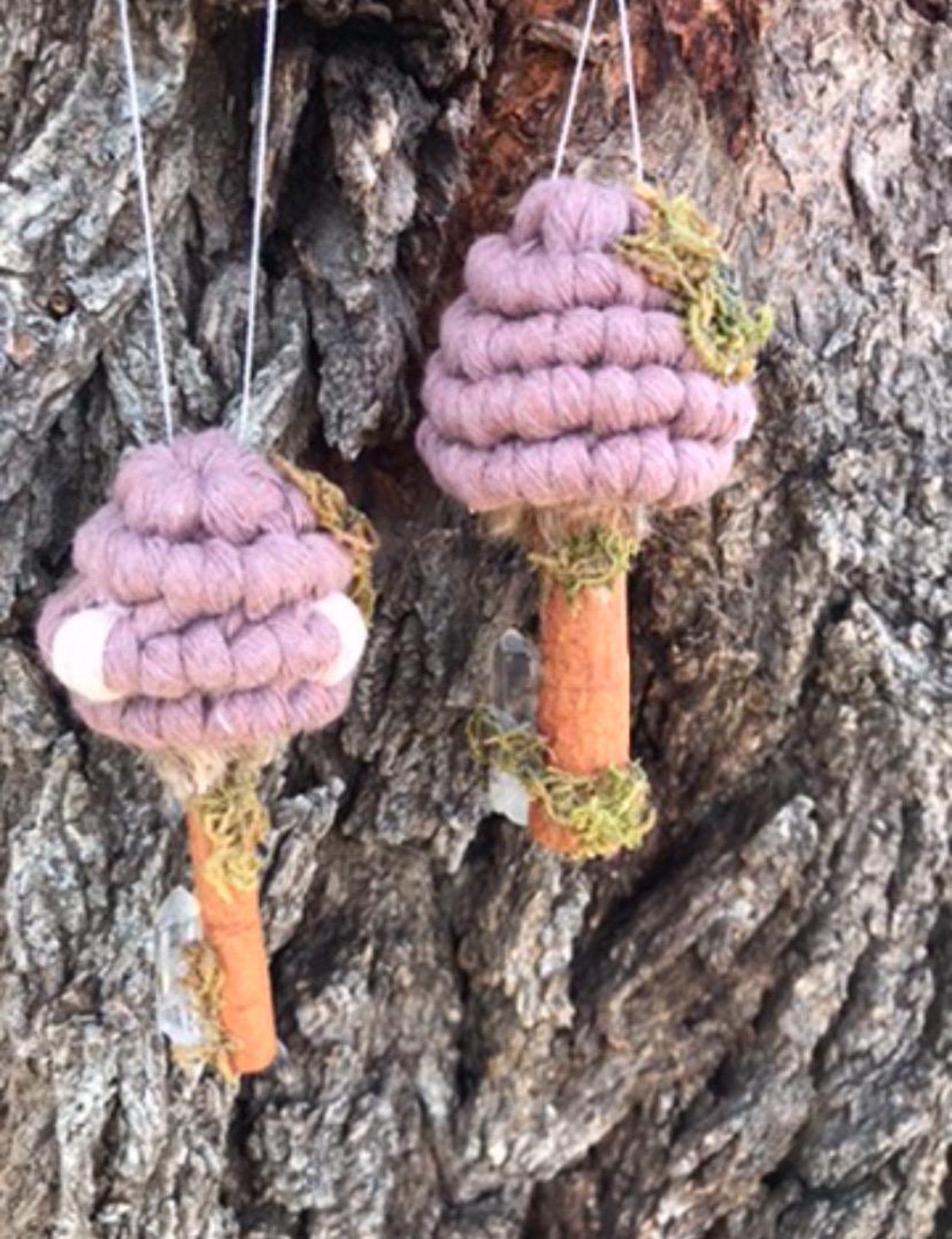 Macrame Mushroom Ornament Set: Cinnamon Stick, Crystal, Moss Charm - Etsy