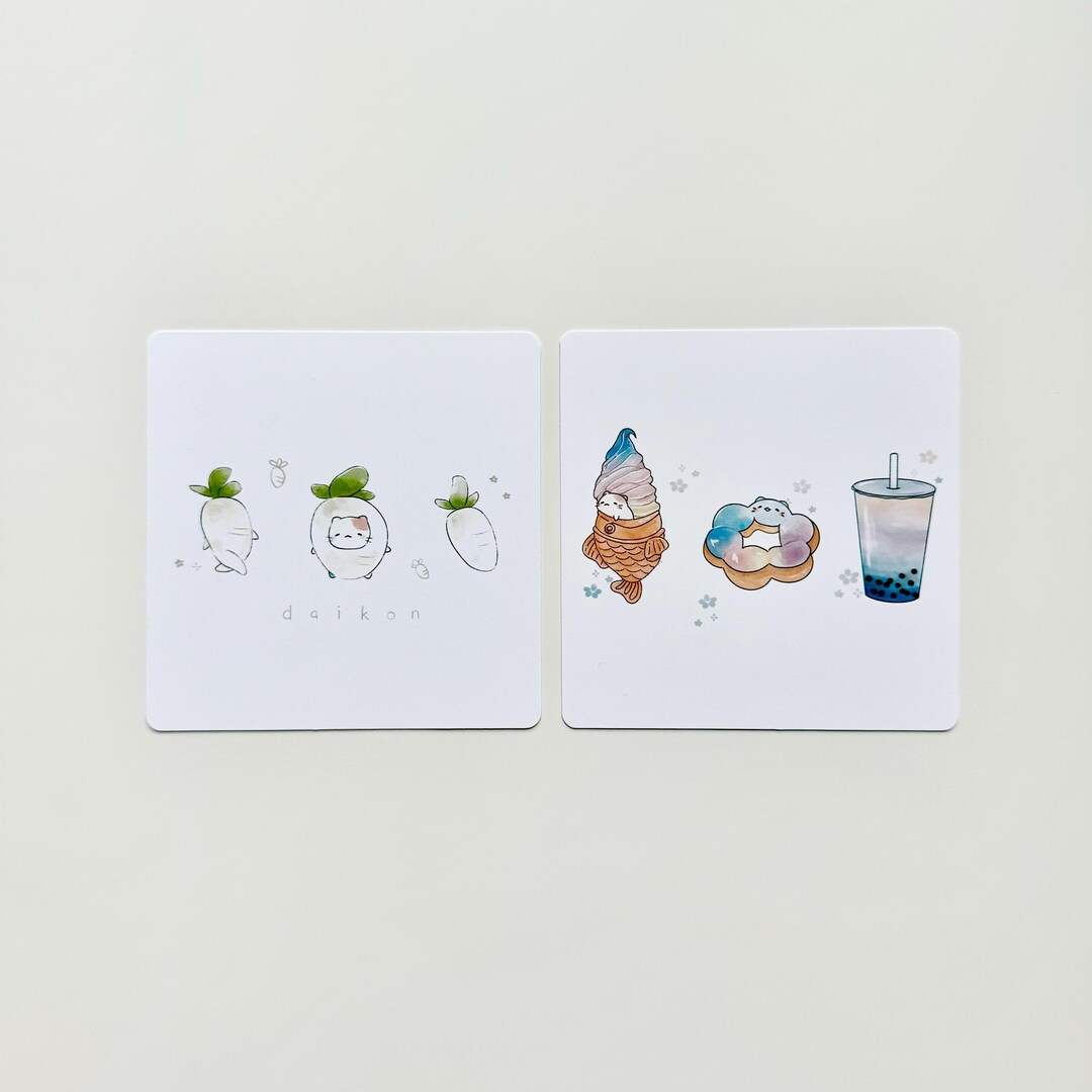 Cute Cat Mini Art Prints | 4 X4 Art Print | Kawaii Food Art Prints ...