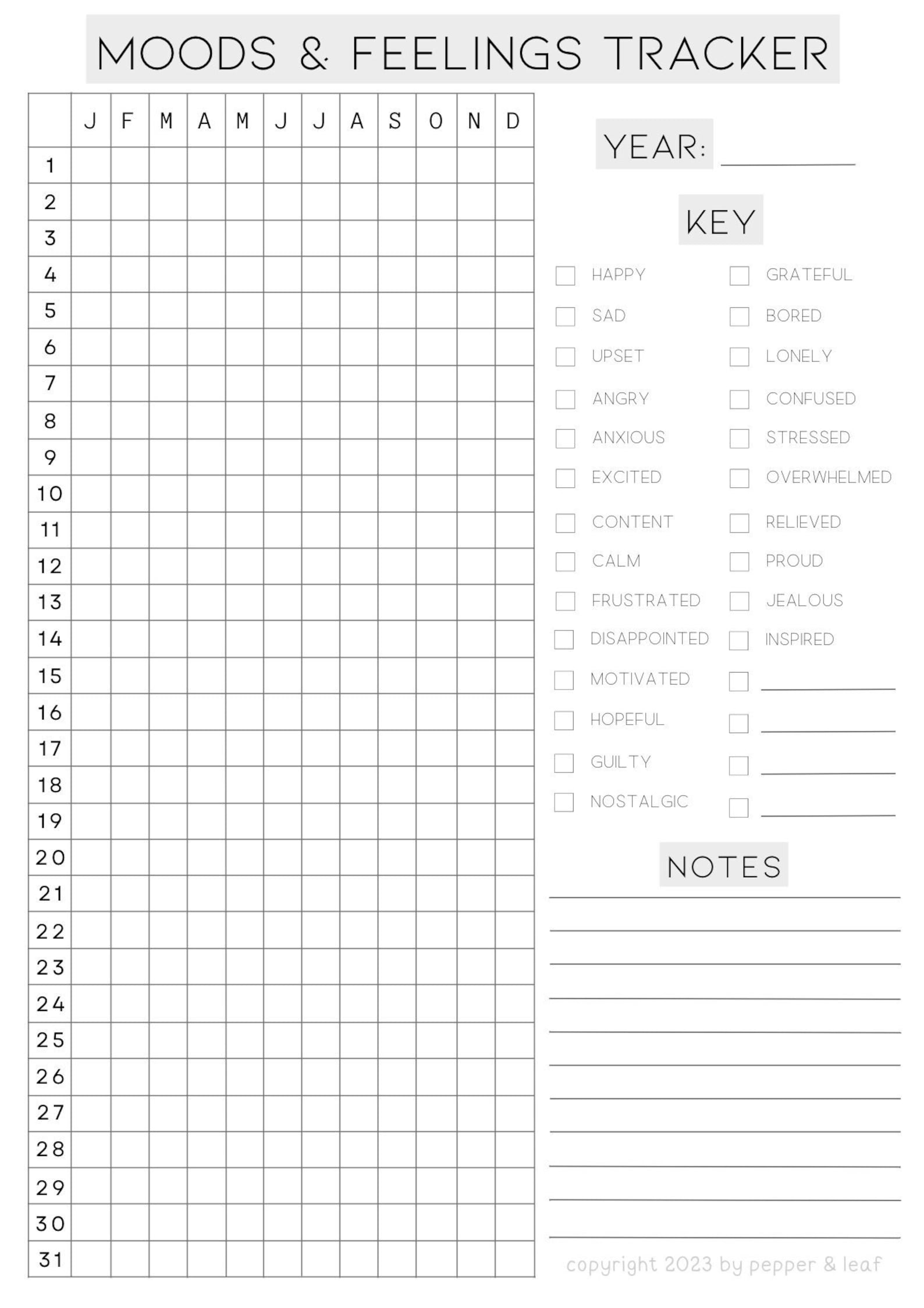 Moods & Feelings Tracker Planner Template | Yearly Tracker | Yearly Log ...