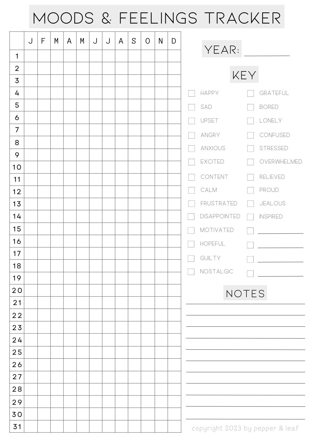 Moods & Feelings Tracker Planner Template | Yearly Tracker | Yearly Log ...