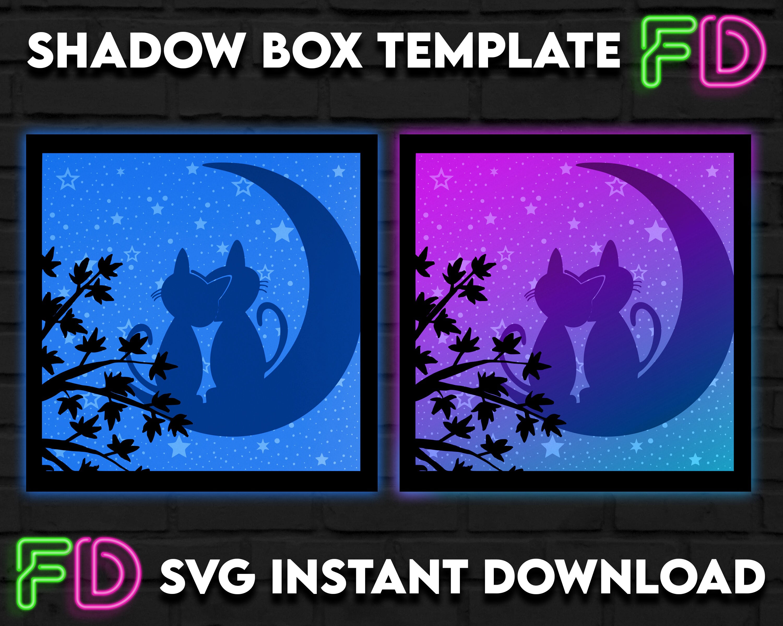 Cats on Moon Light Box Template SVG. Shadow Light Box Cricut | Etsy