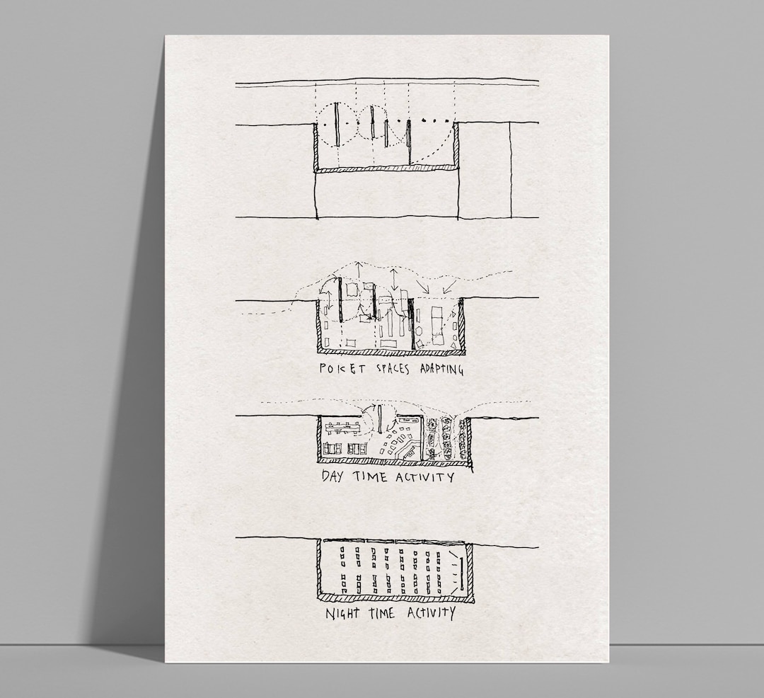 Multiple Uses of Space - Architecture Process Sketch - Pen on Paper - Etsy