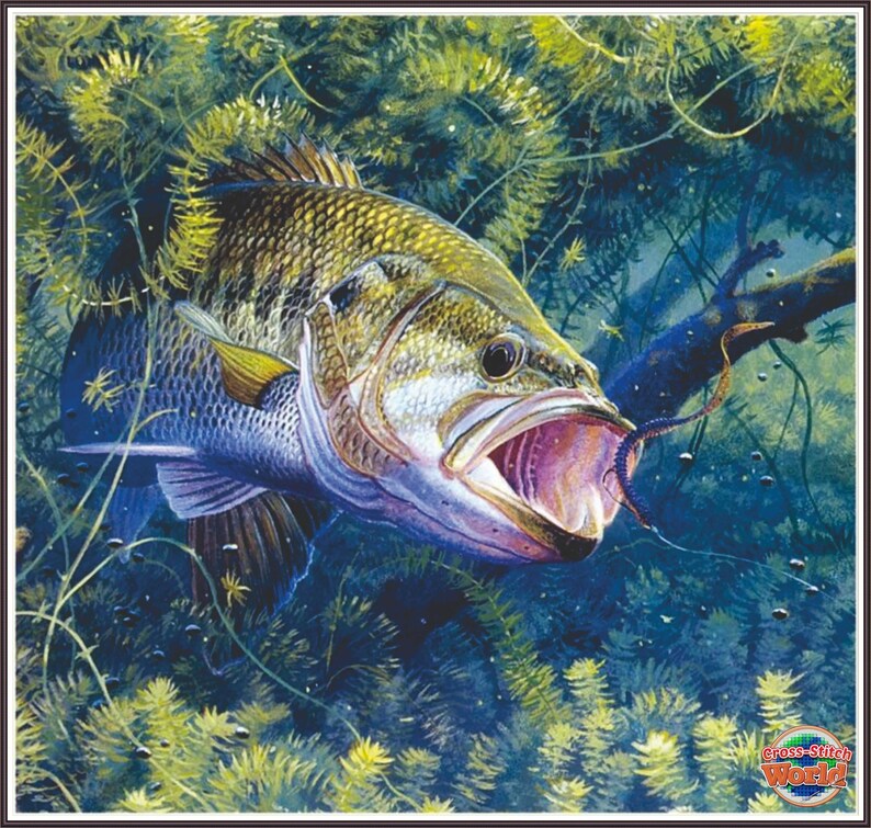 Bass Fishing Baited Fish COLORFUL FISHES - Chart Counted Cross Stitch ...
