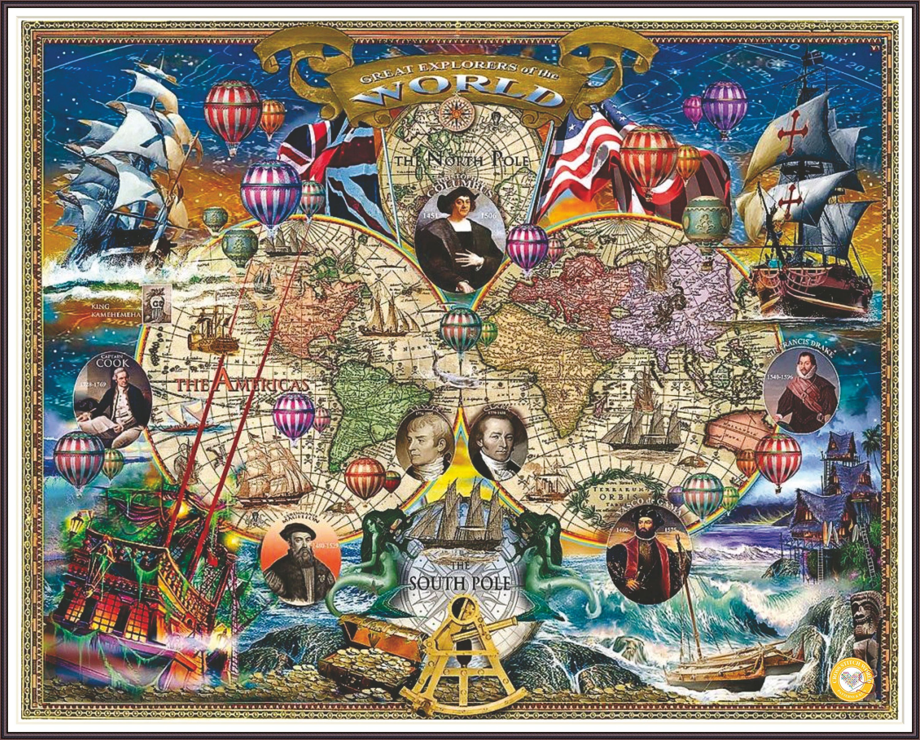 Great Explorers World Map Chart Counted Cross Stitch Pattern Needlework ...