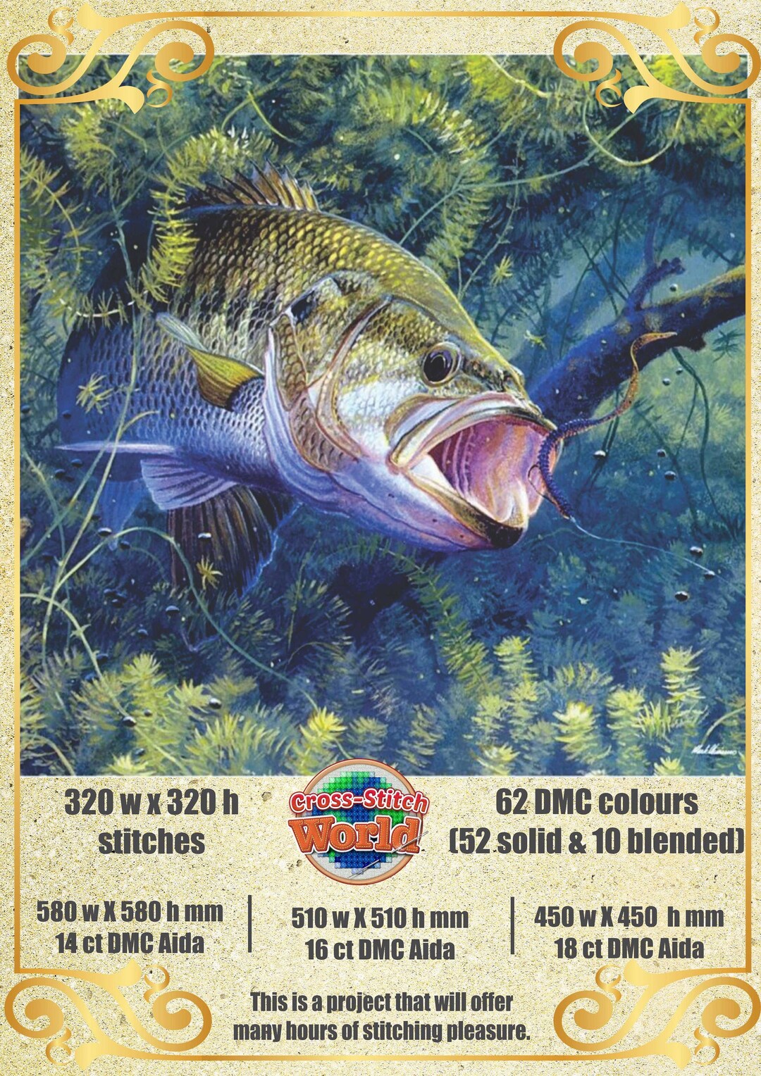 Bass Fishing Baited Fish COLORFUL FISHES Chart Counted Cross Stitch ...