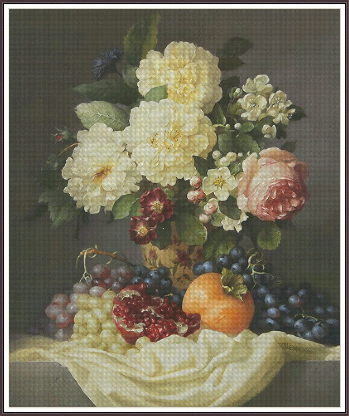 Roses & Persimmons Still Life With Fruits Grape Pear Peach - Etsy