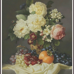 Roses & Persimmons Still Life With Fruits Grape Pear Peach - Chart ...