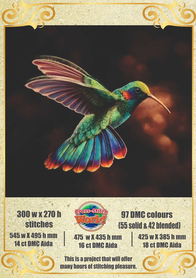 Rainbow Hummingbird Bird - Chart Counted Cross Stitch Pattern ...