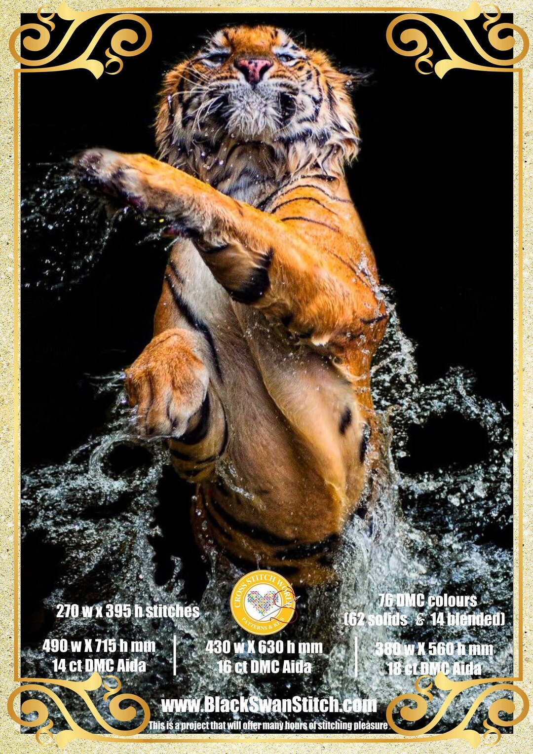 Tiger Splash Chart Counted Cross Stitch Pattern Needlework PDF - Etsy