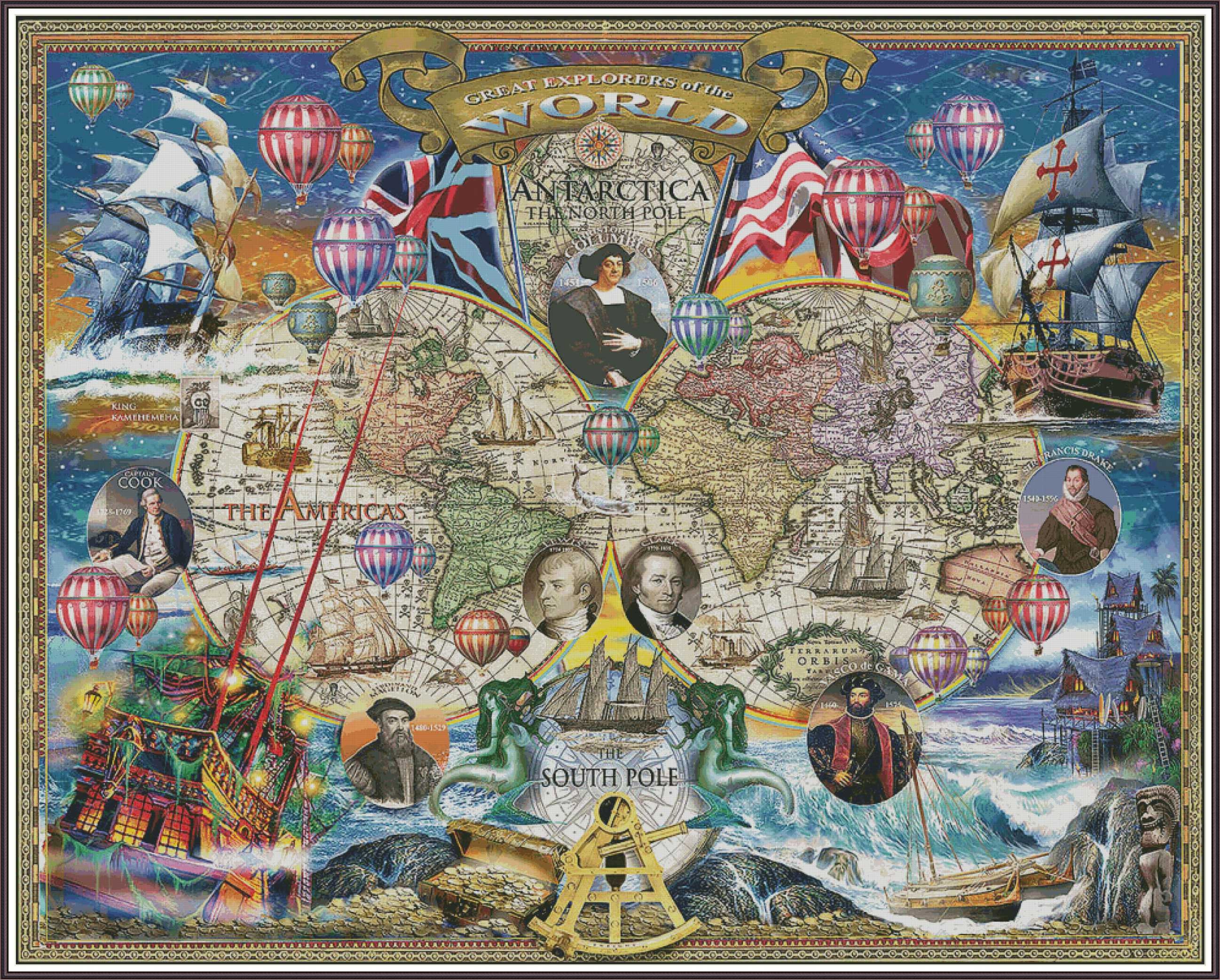 Great Explorers World Map Chart Counted Cross Stitch Pattern Needlework ...