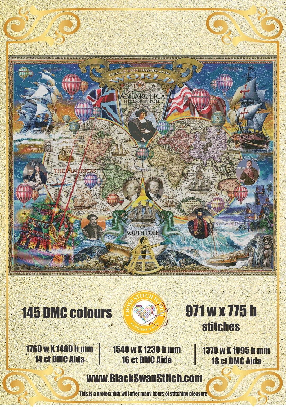 Great Explorers World Map Chart Counted Cross Stitch Pattern Needlework ...