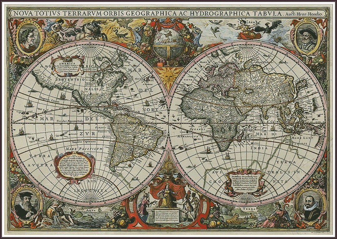 Map of the World Discovery Map COMPASS CLOCK Lighthouse Sea Storm ...