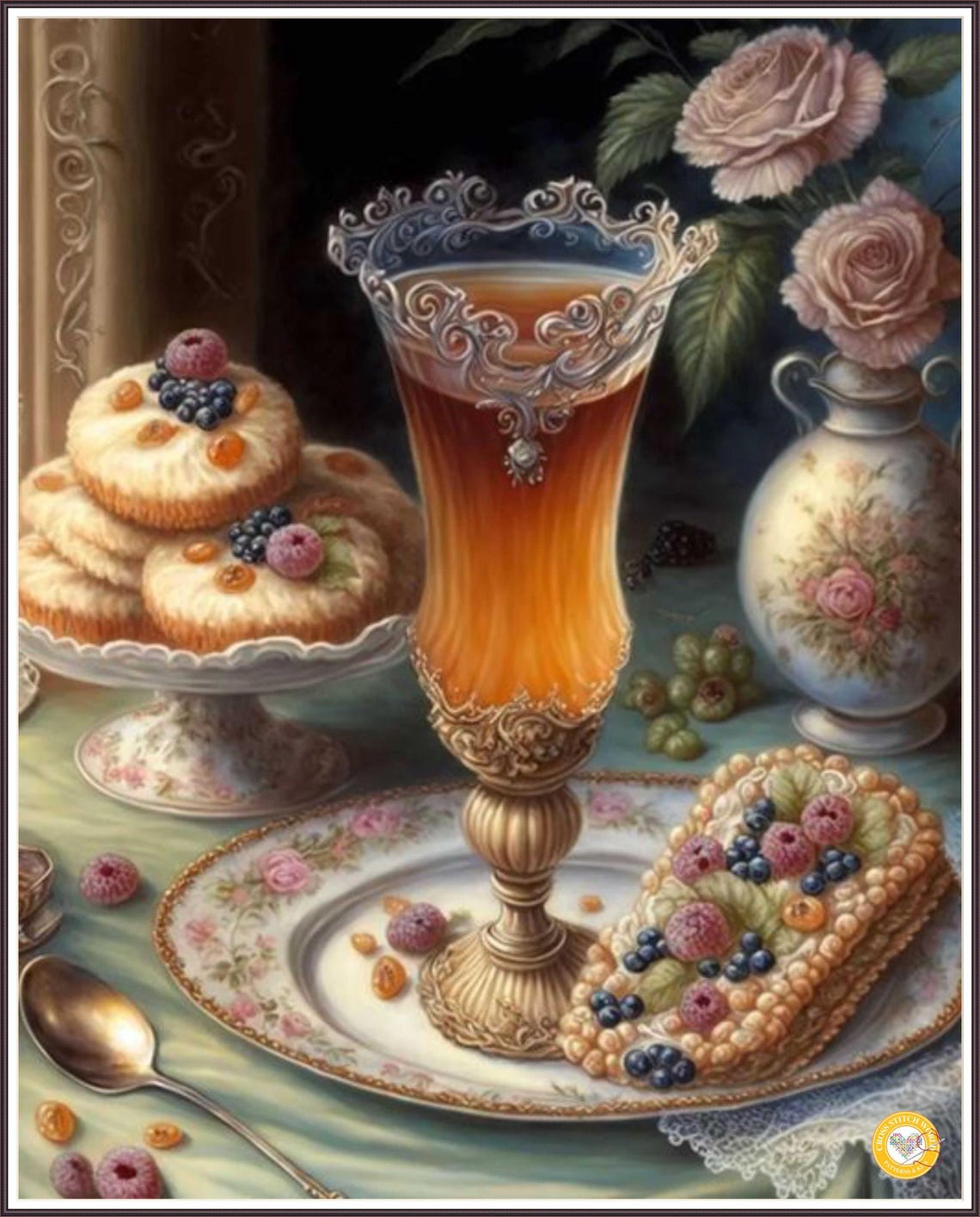 HIGH TEA Still Life With Fruits & Red Wine Glass Banquet With Champange ...