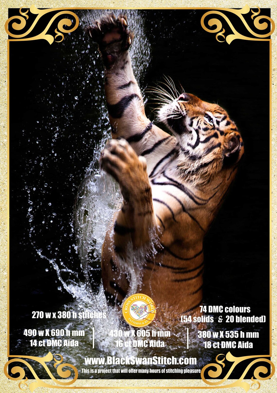 Tiger Splash Chart Counted Cross Stitch Pattern Needlework PDF - Etsy