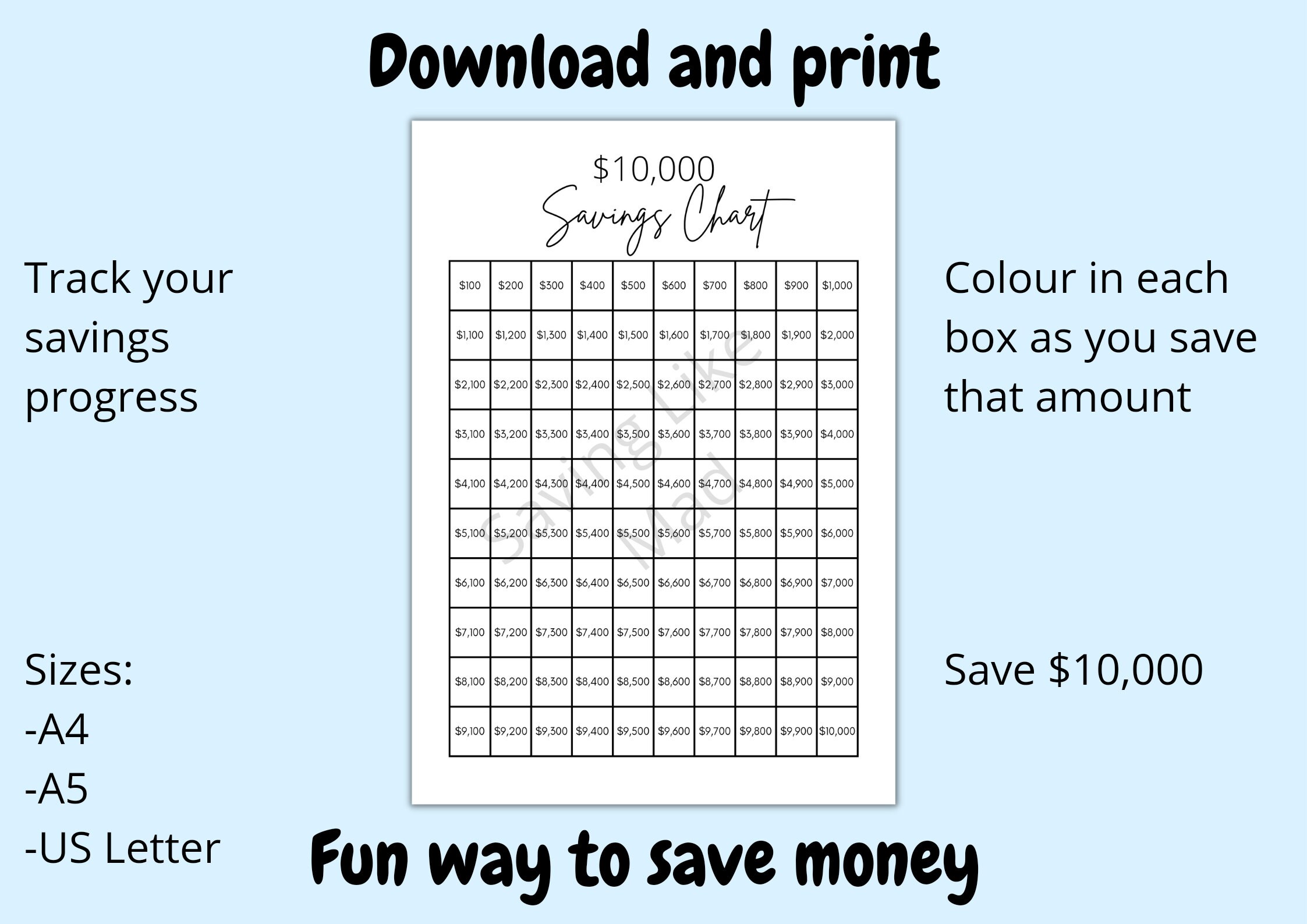 10,000 Dollar Savings Chart | 10K Savings Progress Tracker | Printable ...