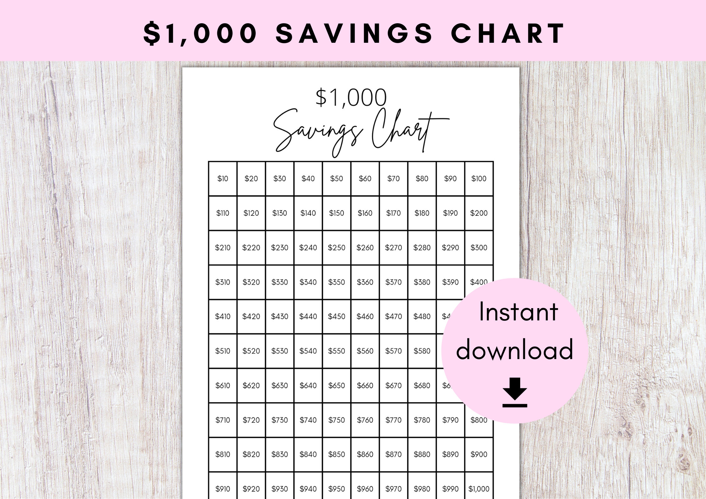 1,000 Dollar Savings Chart | 1K Savings Progress Tracker | Printable ...