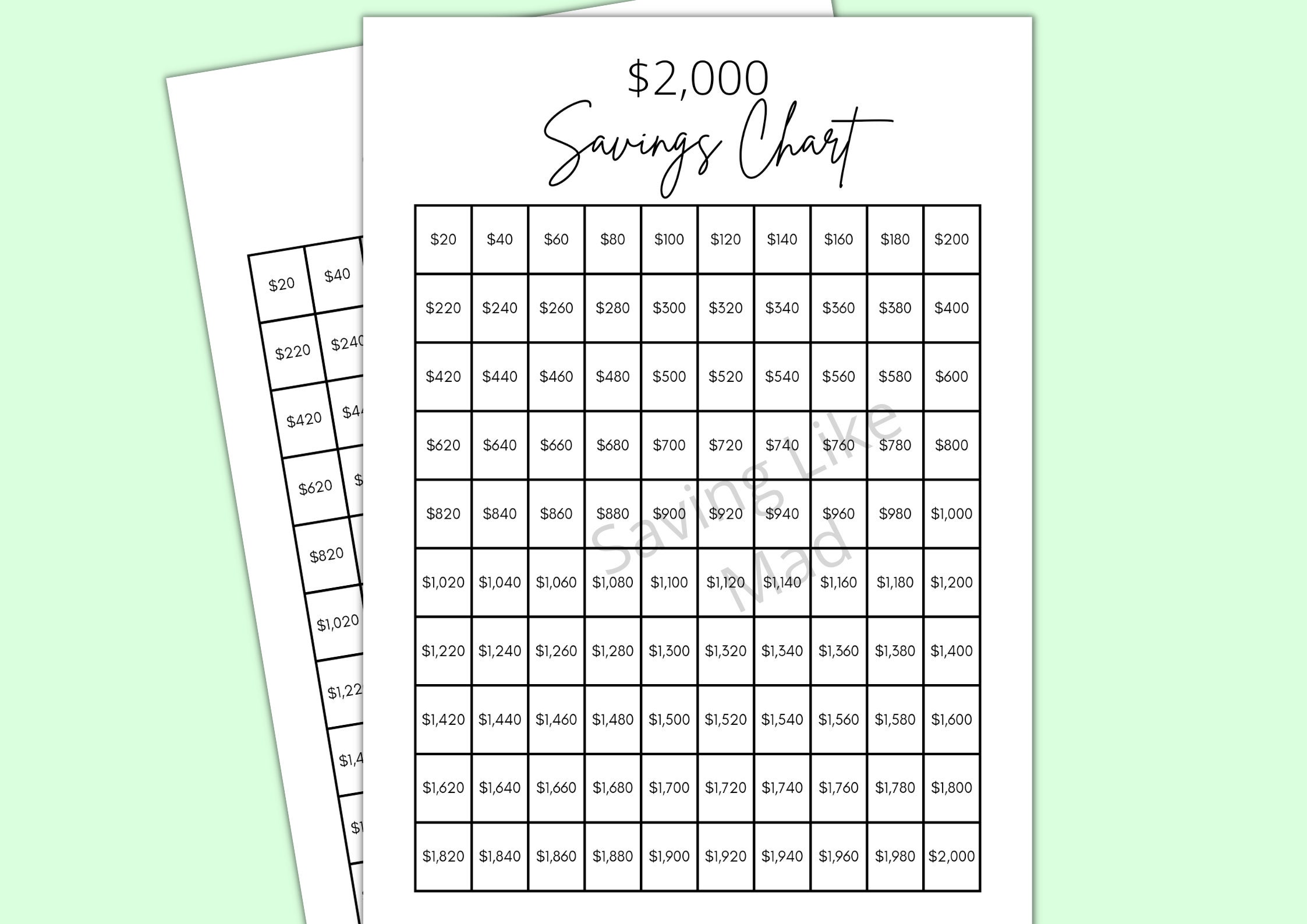 2,000 Dollar Savings Chart | 2K Savings Progress Tracker | Printable ...