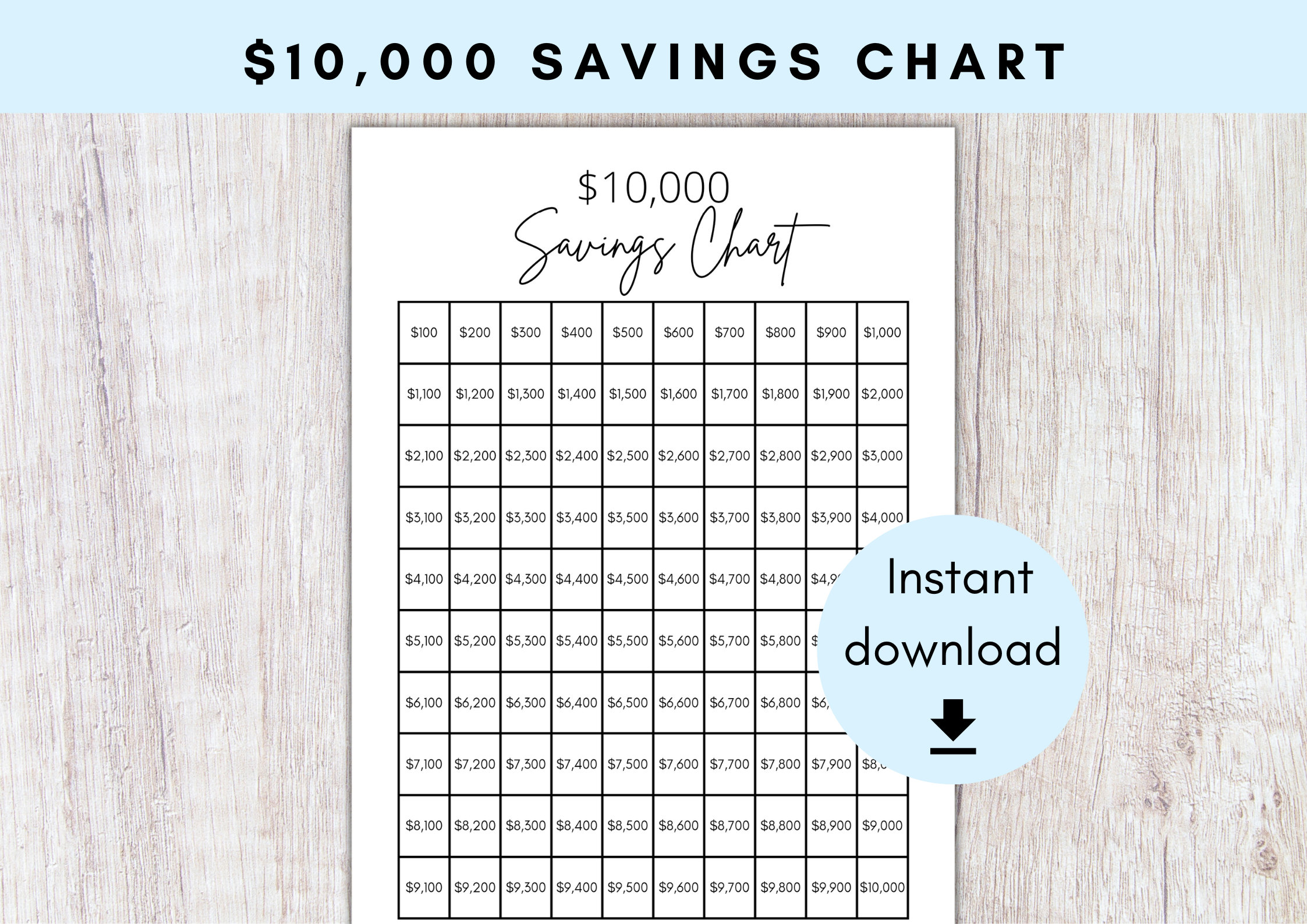 10,000 Dollar Savings Chart | 10K Savings Progress Tracker | Printable ...