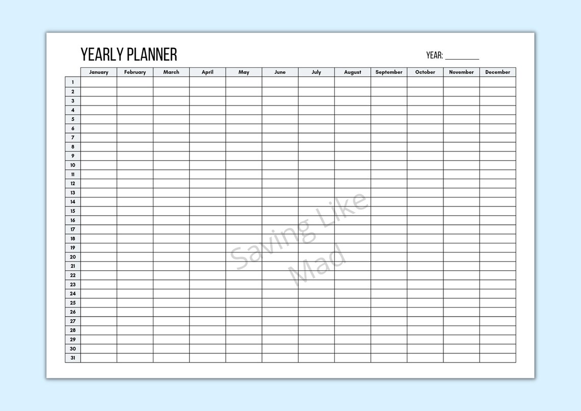 Printable Yearly Planner | Year at A Glance Template | Full Year ...