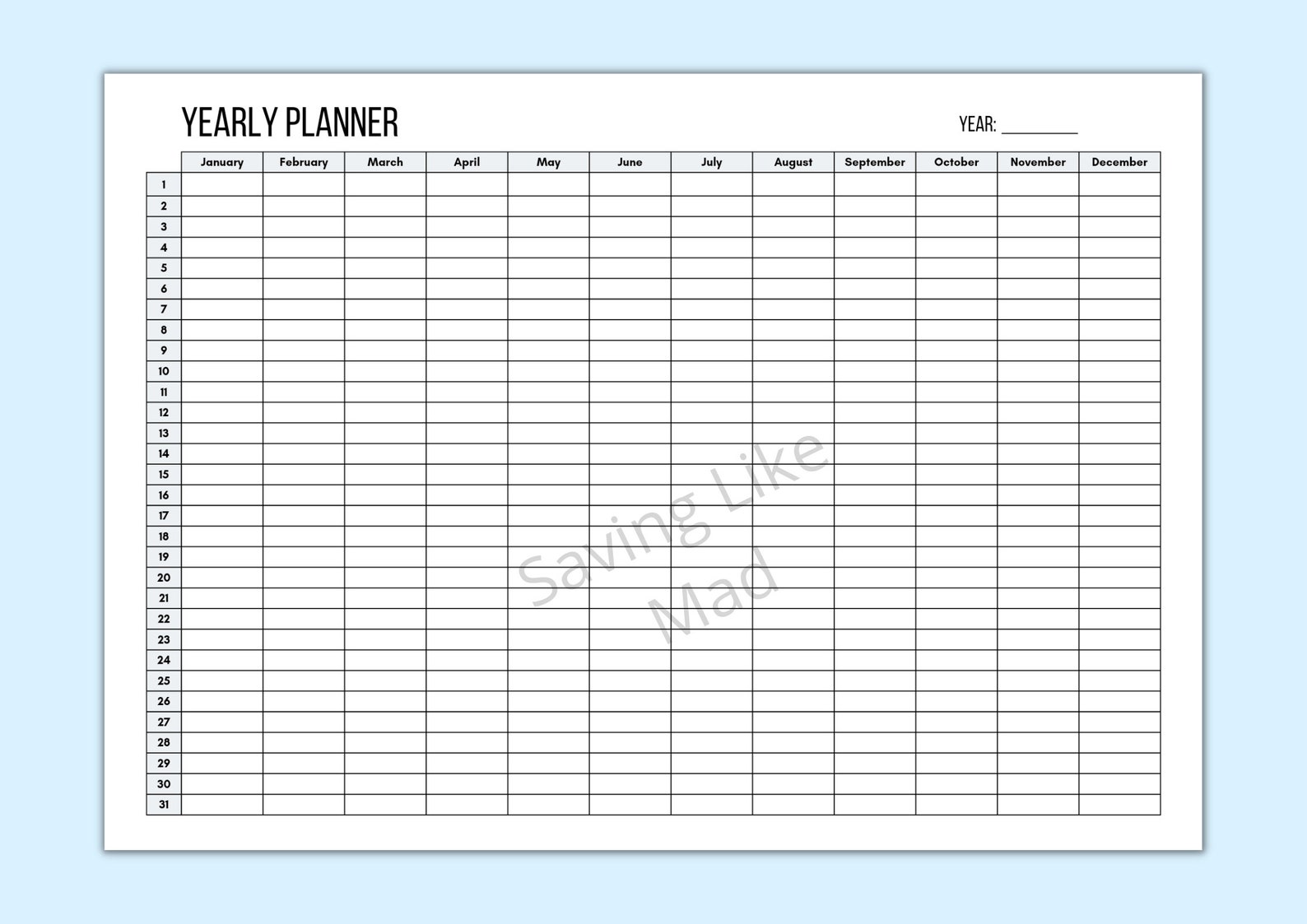 Printable Yearly Planner | Year at A Glance Template | Full Year ...