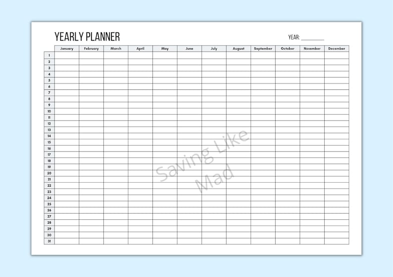 Printable Yearly Planner | Year at A Glance Template | Full Year ...