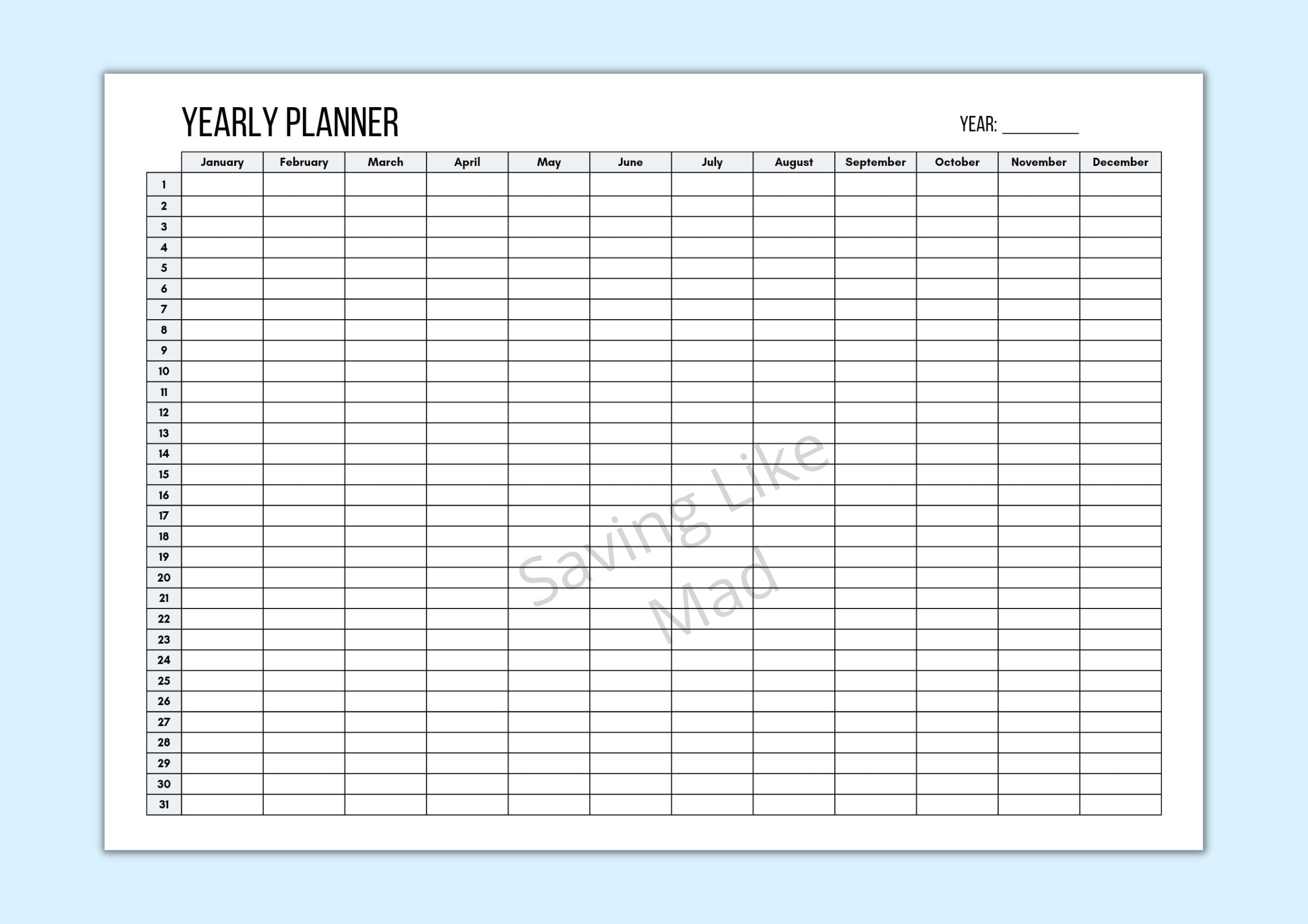 Printable Yearly Planner | Year at A Glance Template | Full Year ...
