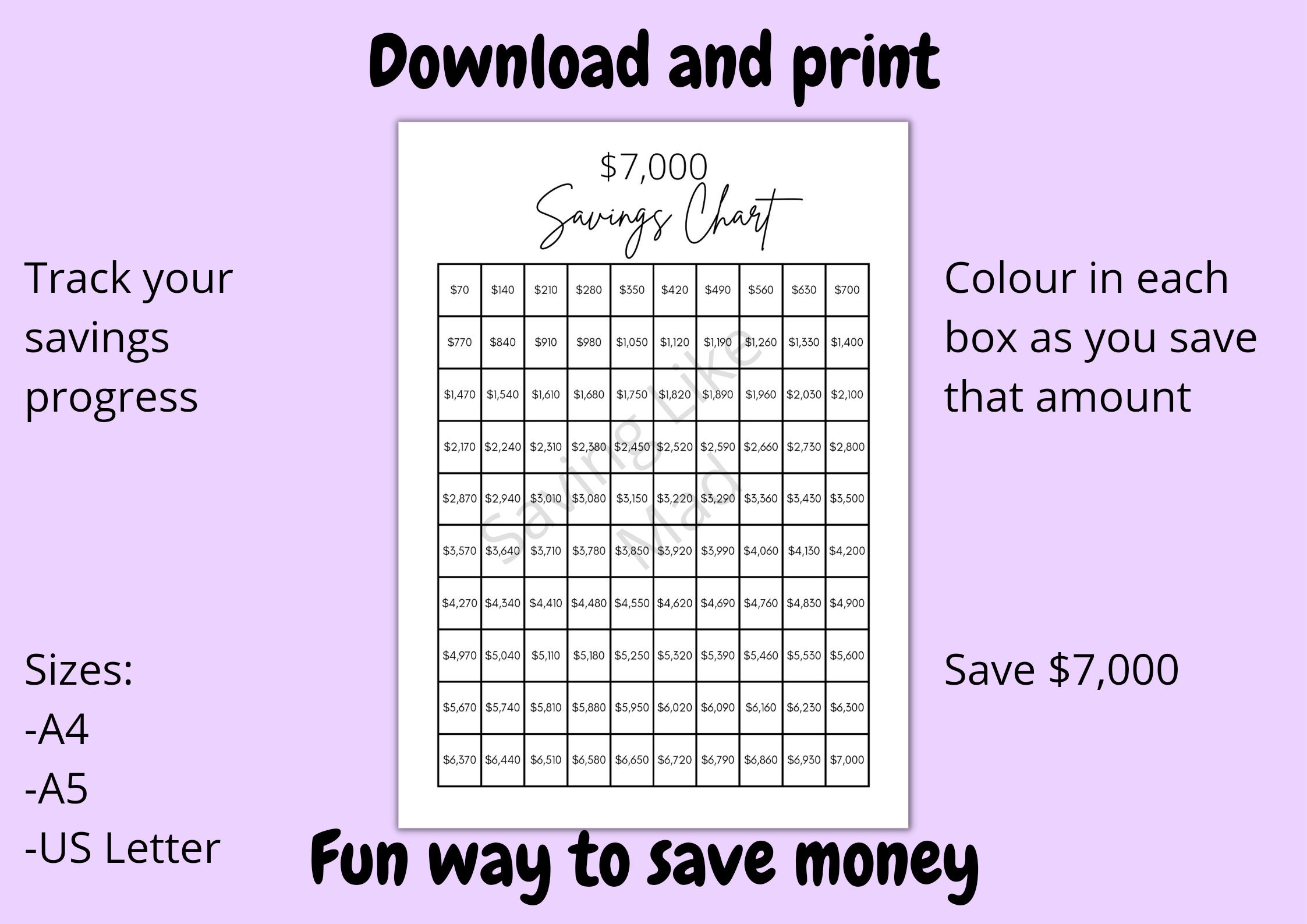 7,000 Dollar Savings Chart 7K Savings Progress Tracker Printable Money ...