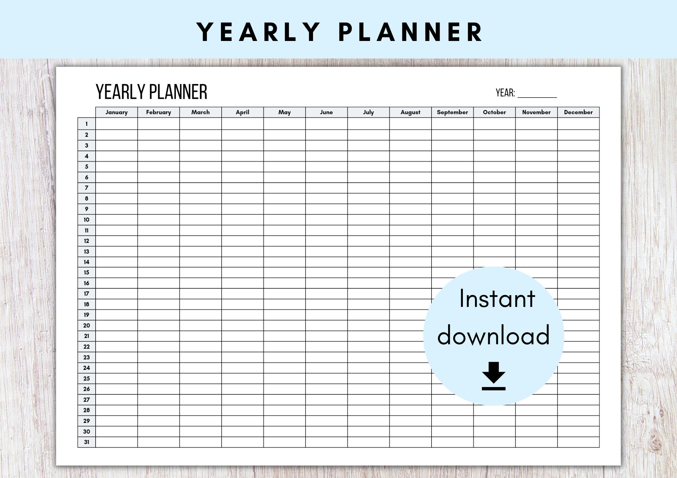 Printable Yearly Planner | Year at A Glance Template | Full Year ...