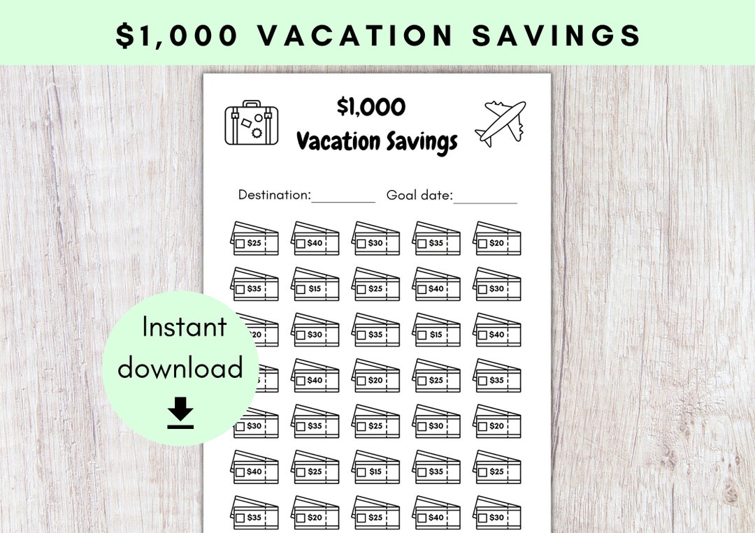1000 Dollar Vacation Savings Tracker | 1K Holiday Savings Challenge ...