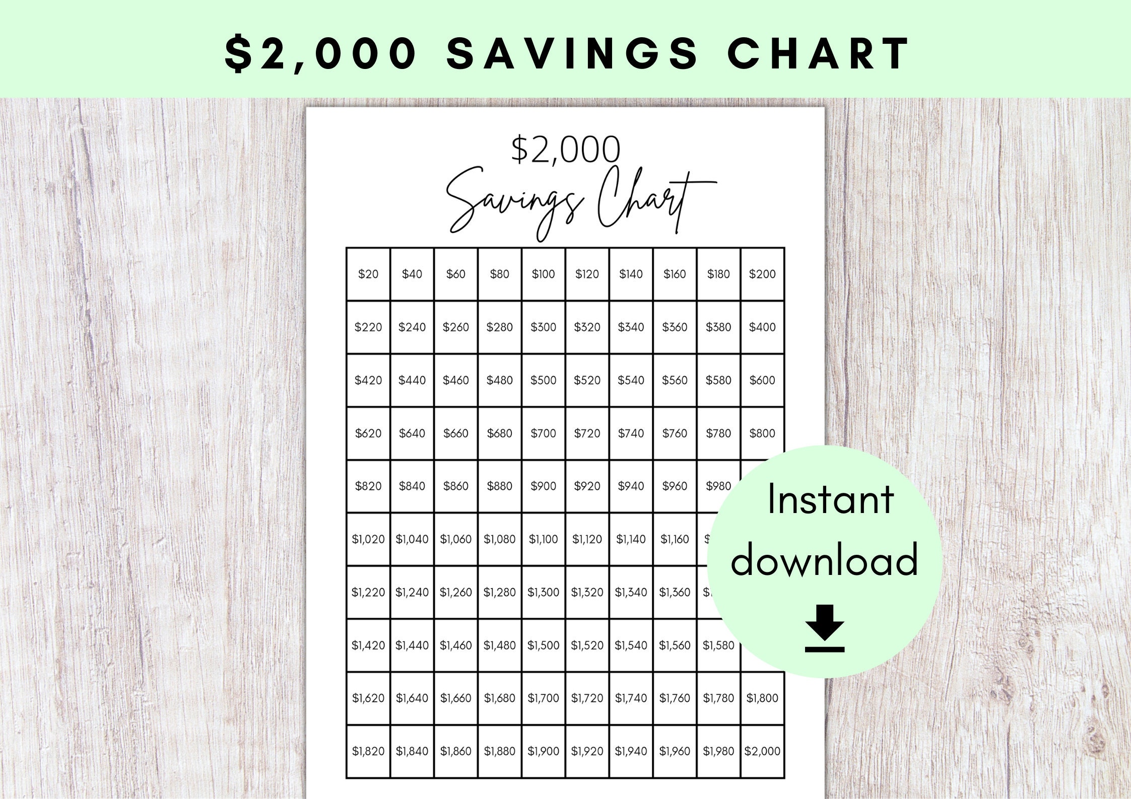 2,000 Dollar Savings Chart | 2K Savings Progress Tracker | Printable ...