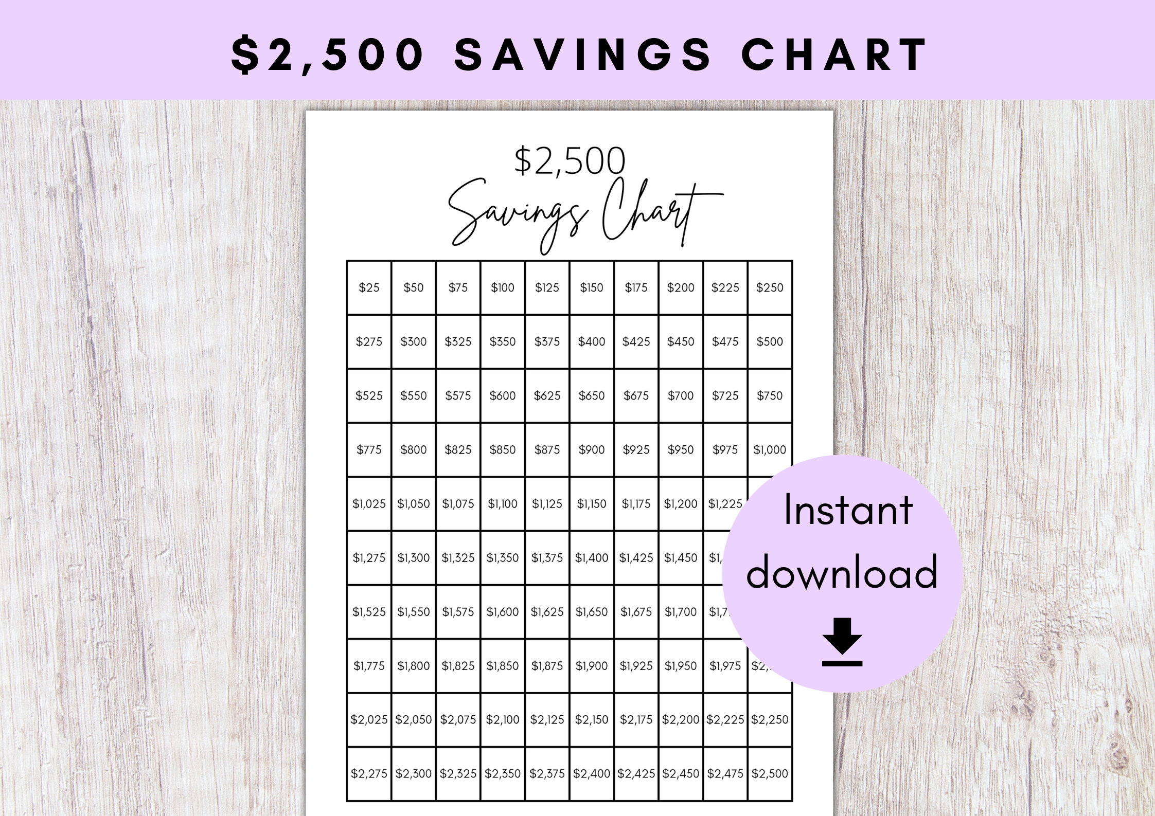 2,500 Dollar Savings Chart | 2500 Savings Progress Tracker | Printable ...