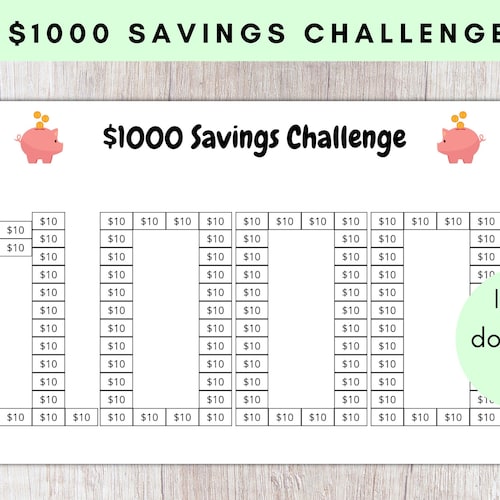 1000 Dollar Savings Challenge 10 Dollar Savings Printable - Etsy