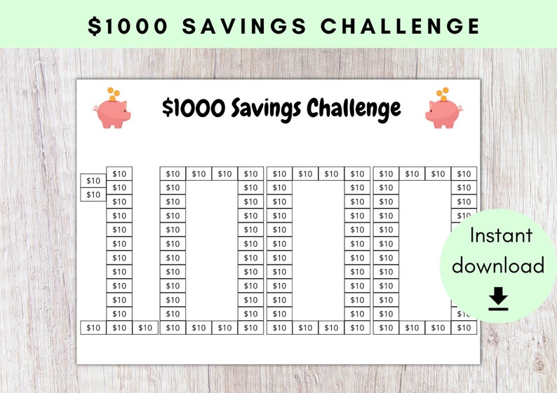 1000 Dollar Savings Challenge | 10 Dollar Savings | Printable Savings ...