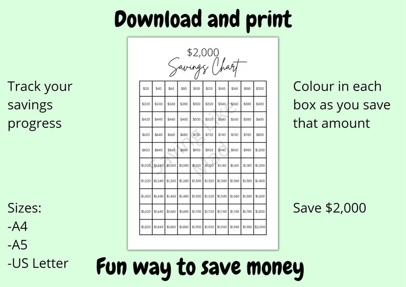 2,000 Dollar Savings Chart | 2K Savings Progress Tracker | Printable ...