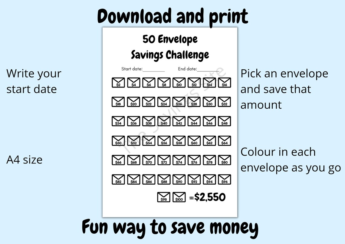 50 Envelope Savings Challenge | Cash Envelope Saving System | Printable ...