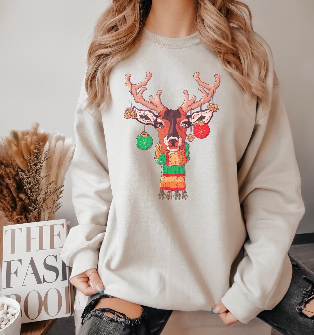 Christmas Reindeer Sweatshirt Reindeer Antlers Xmas Deer - Etsy