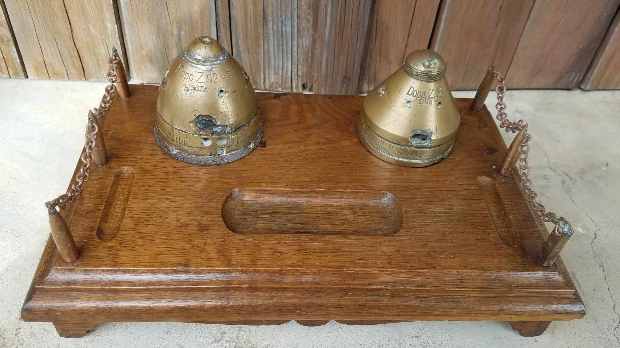 WW1 Trench Art Desk Top Item With 2 German Fuses on an Oak Stand,german ...