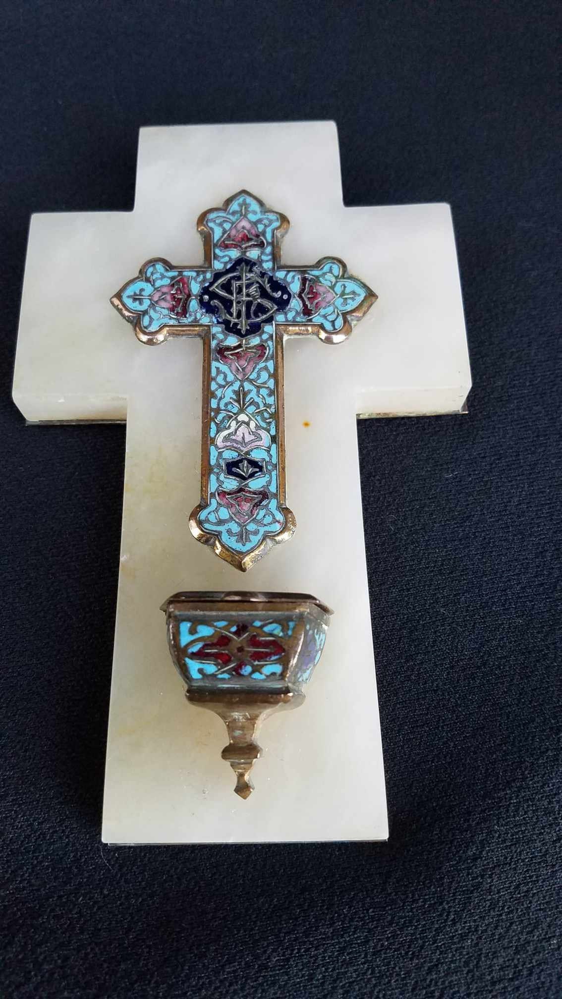 Antique French Cloisonne Enamel and Onyx Crucifix Cross & Benetier ...