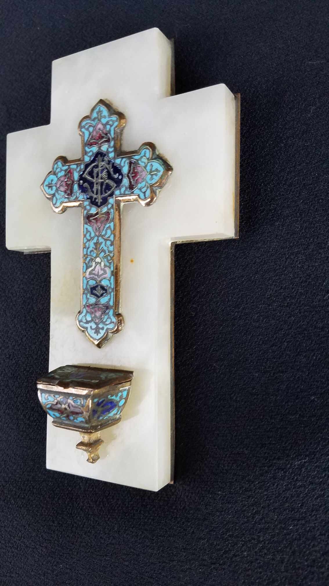 Antique French Cloisonne Enamel and Onyx Crucifix Cross & Benetier ...
