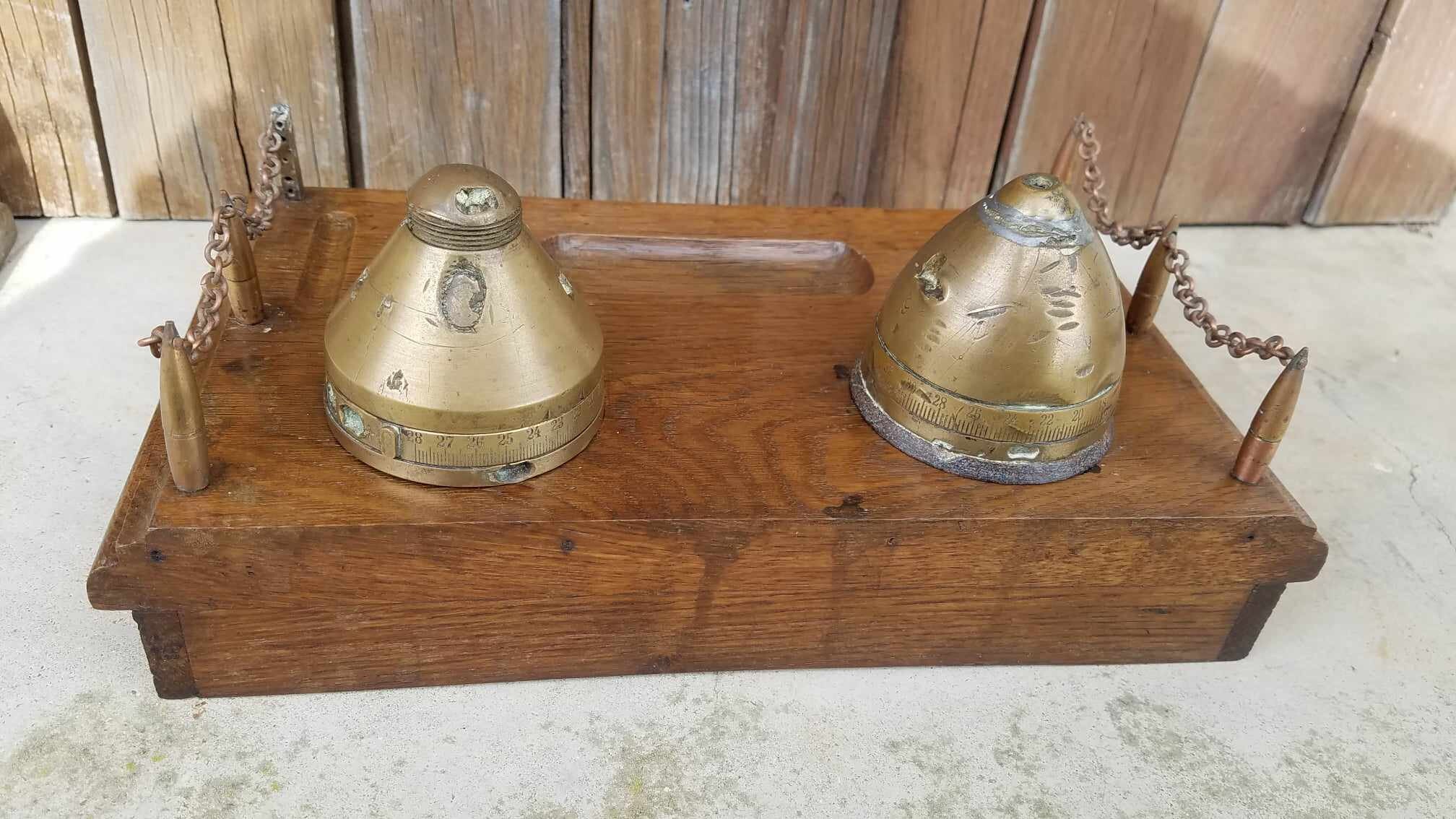 WW1 Trench Art Desk Top Item With 2 German Fuses on an Oak Stand,german ...