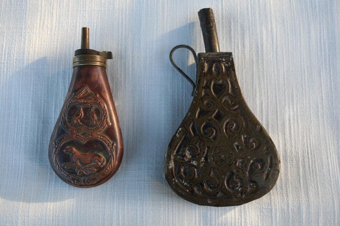 2 Antique Brass Black Powder Flasks,hunters Collecable,hunting Cabin ...