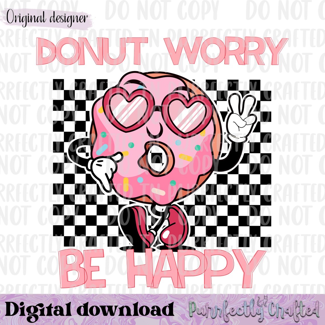 Donut Worry Be Happy Png| Cute Pink Donut Clipart | Retro Vibes Digital ...