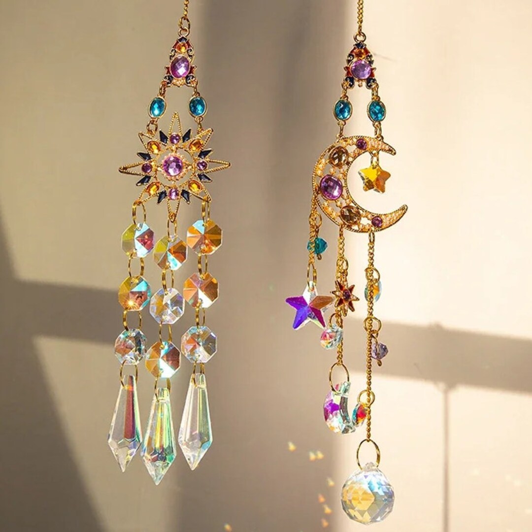 Crystal Pendant Suncatcher, Sun, Moon, Wind Chime, Rainbow Maker Boho ...