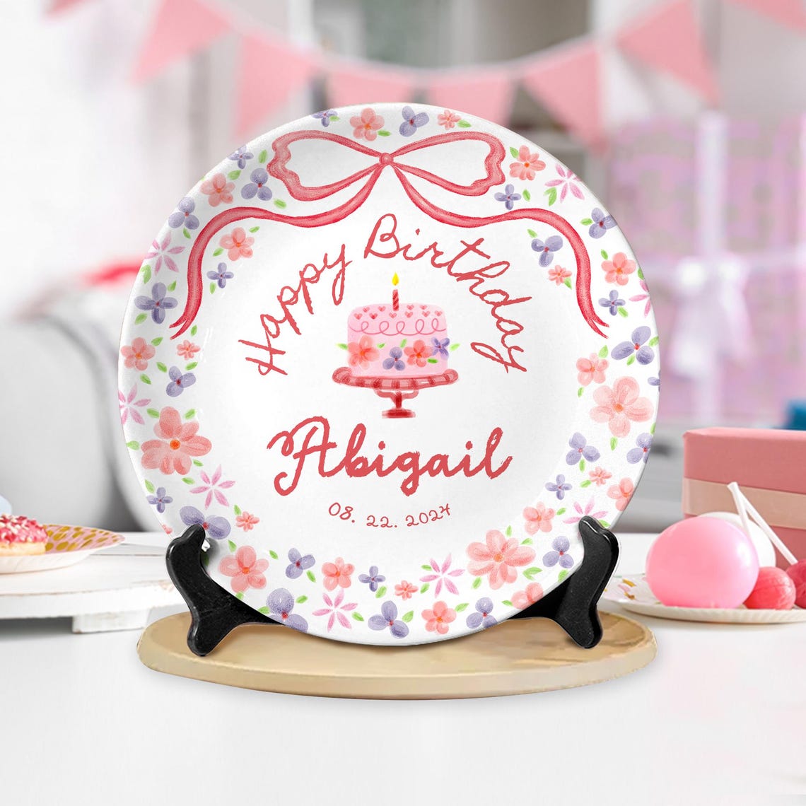 Custom Birthday Plate for Girl – Dog Balloon Cake Name Gift ...