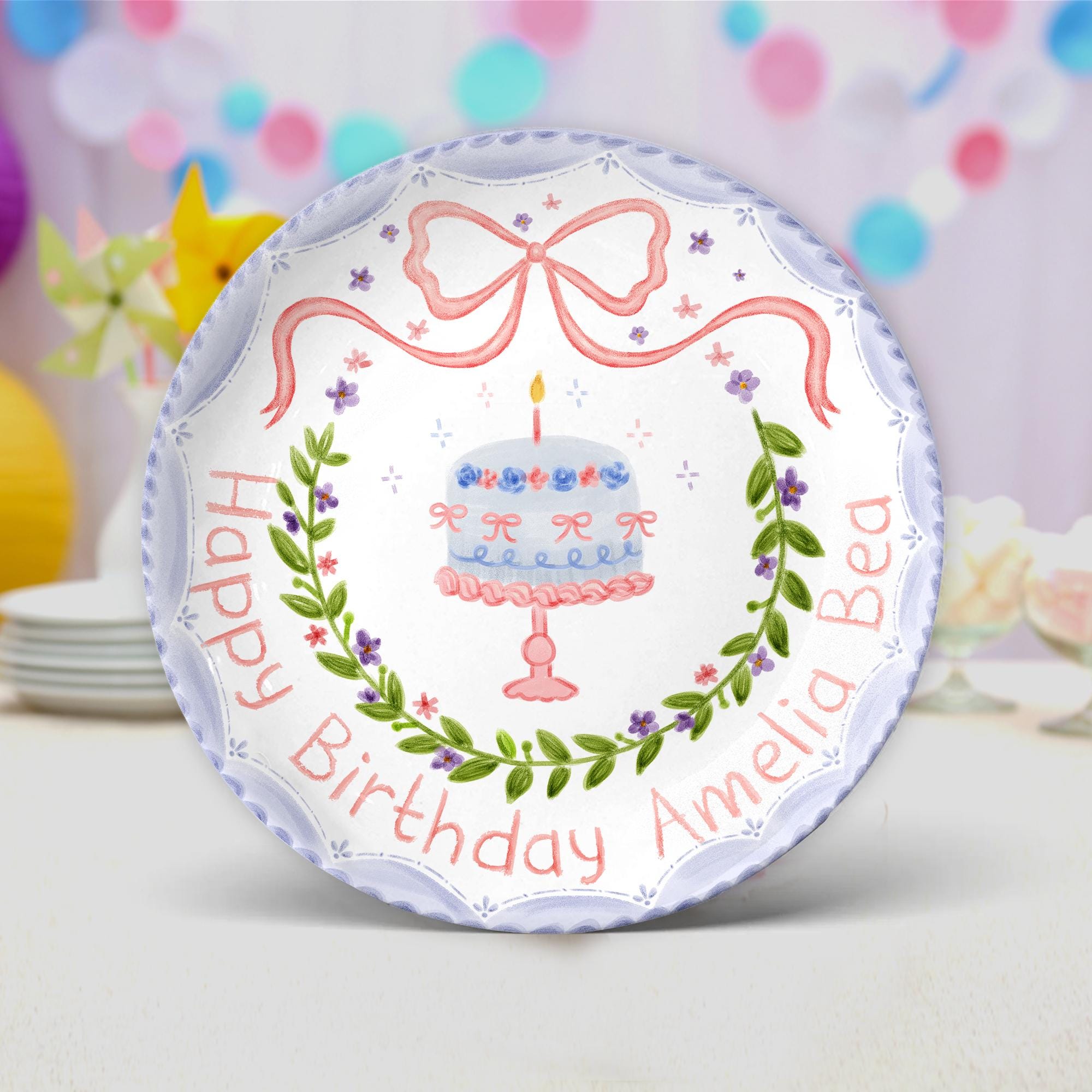 Scalloped Birthday Cake Plate With Bow and Floral Accent – Personalized ...