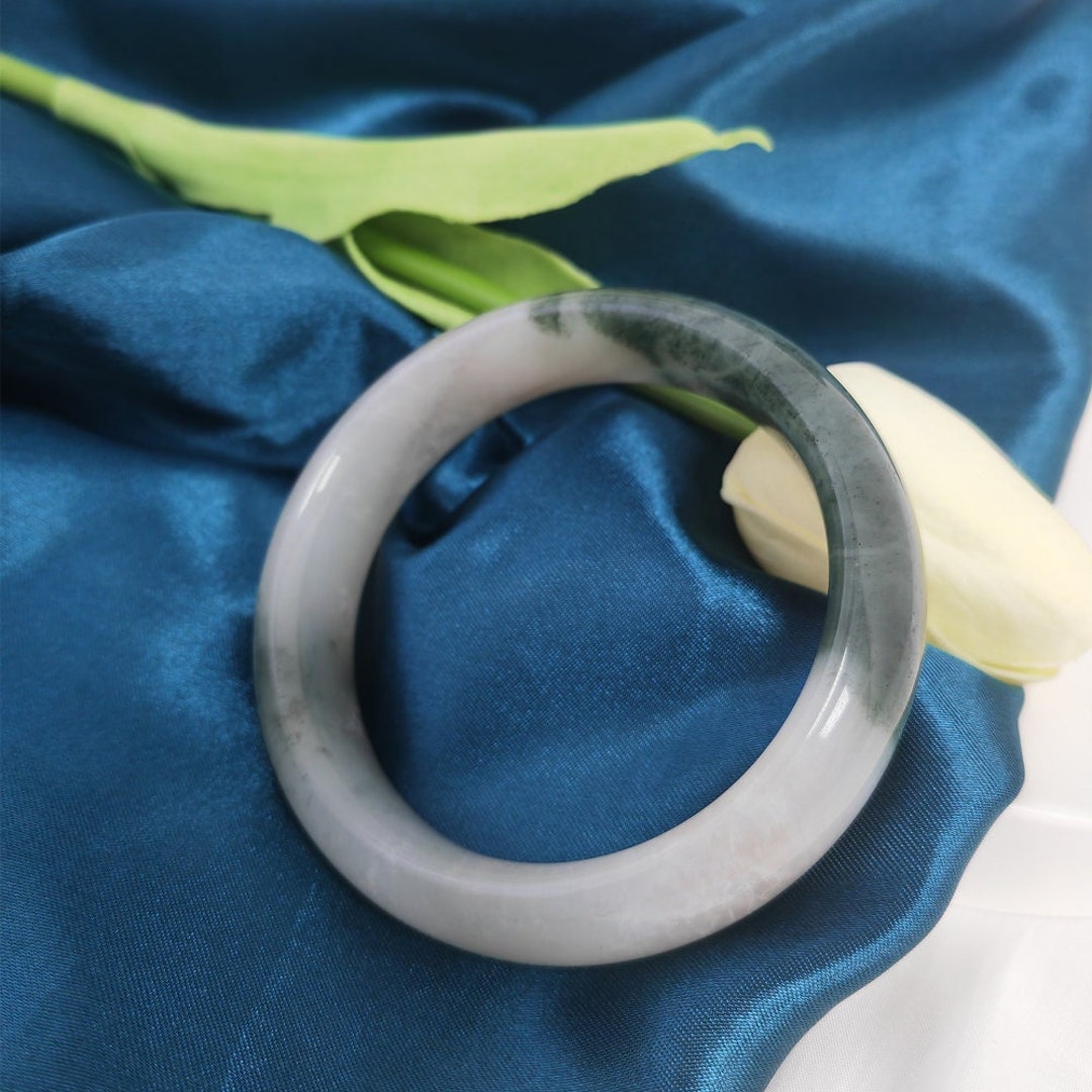 59mm Natural White & Dark Green Real Jade Bangle Vintage Gemstone ...