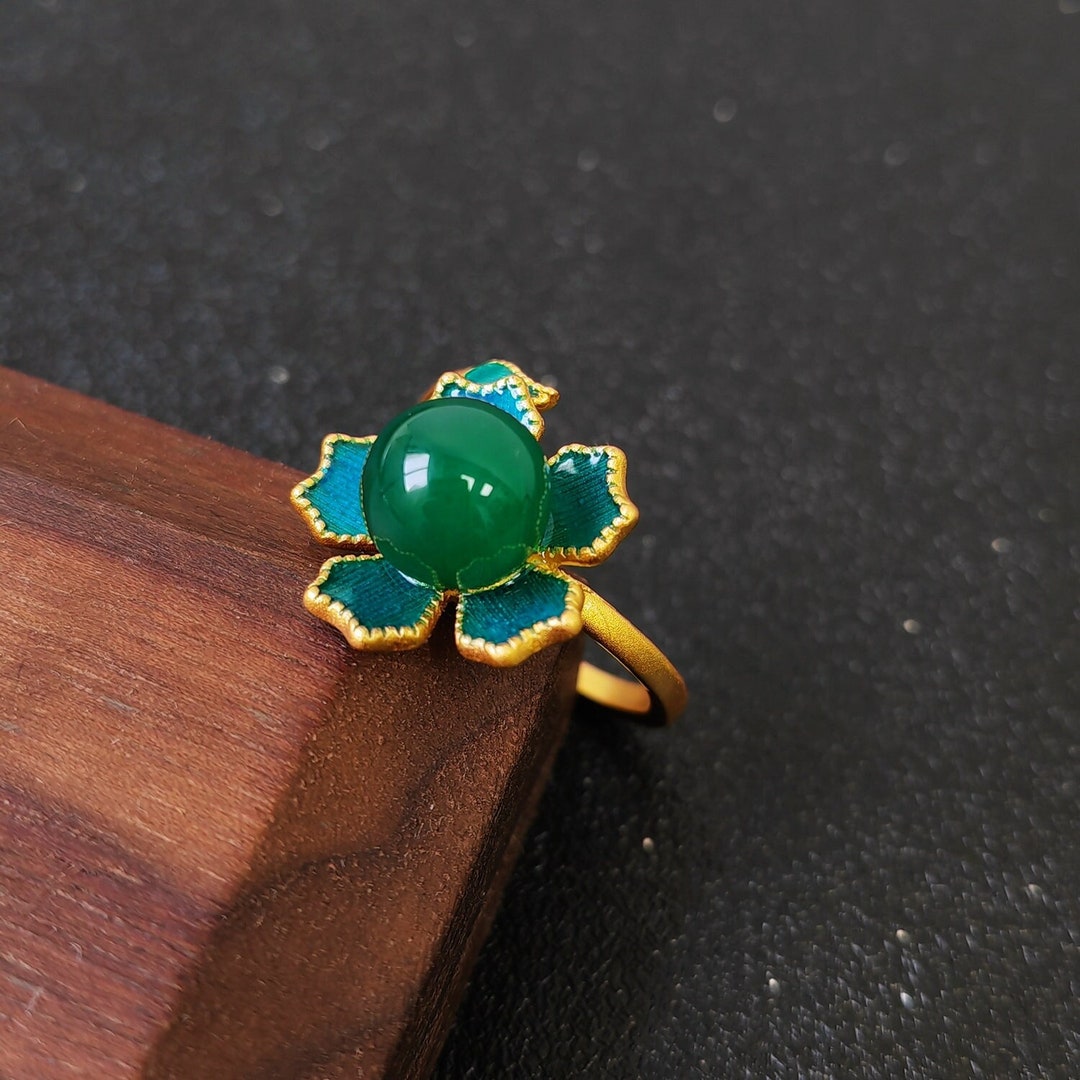Green Jade Flower Jade Sunflower Ring Open Adjustable Ring Ethnic ...