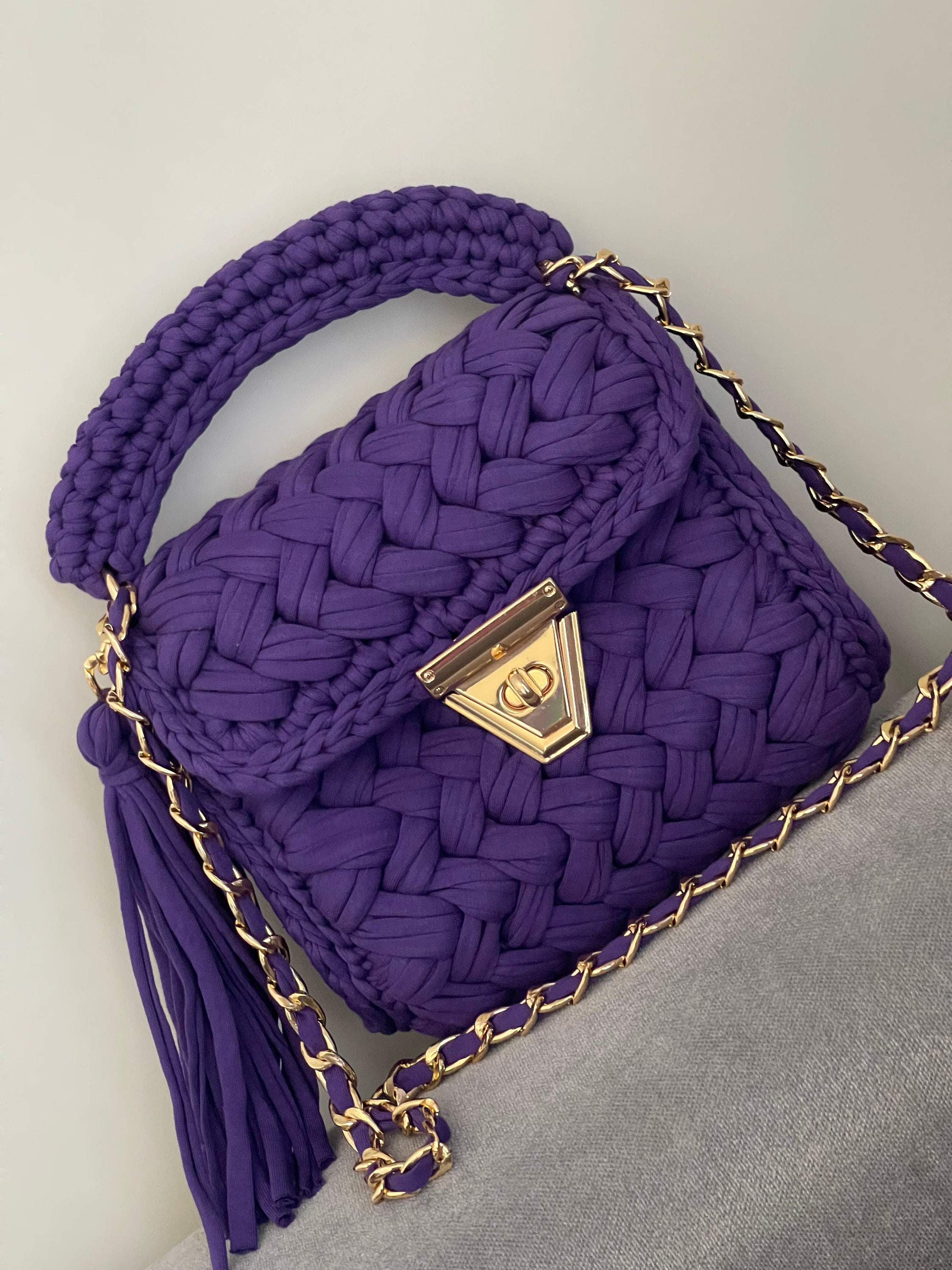 Crochet Shoulder Bag: Luxury Knit Cotton Purse With Gold Chain - Etsy