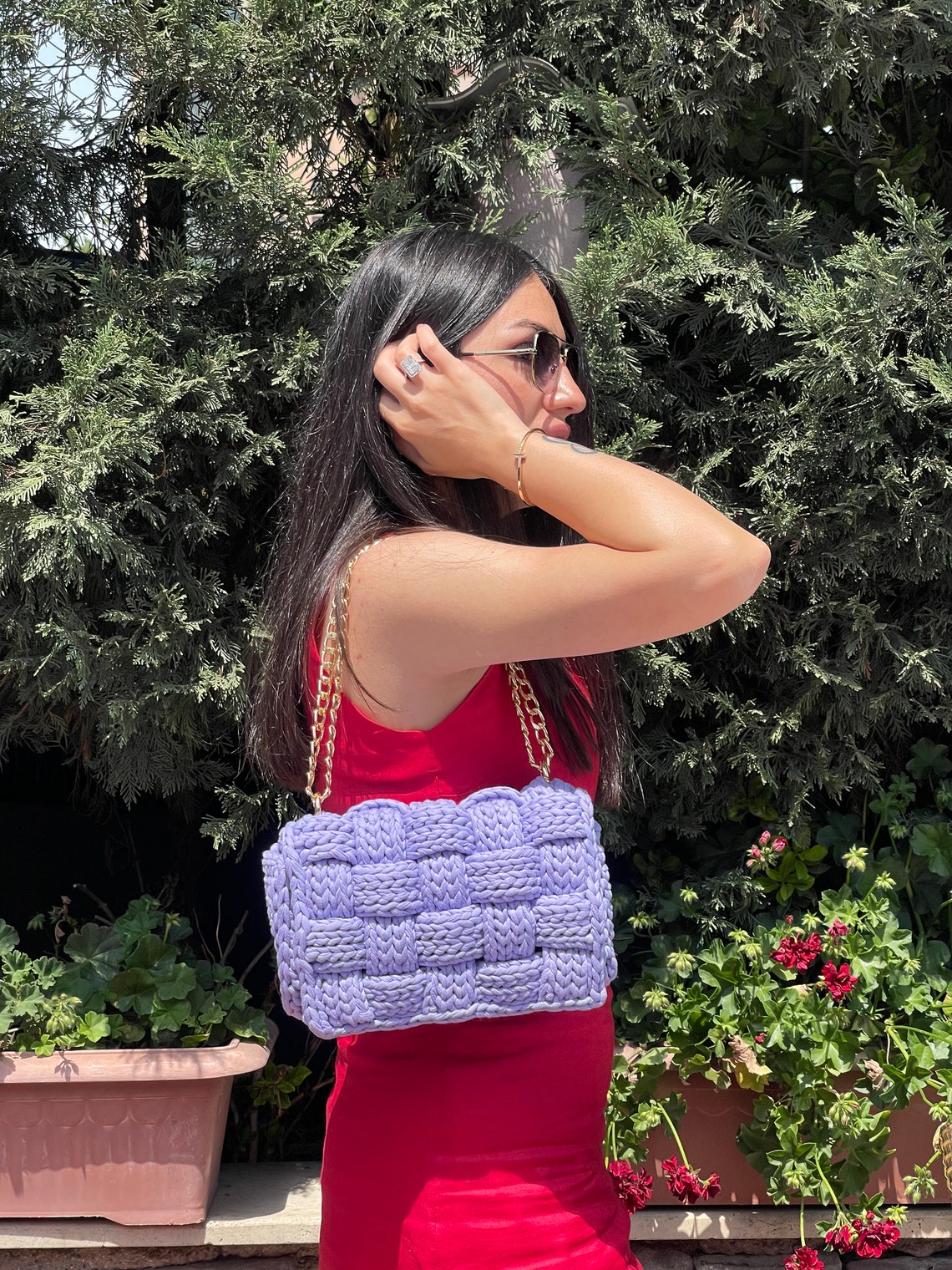 Crochet Luxury Shoulder Bag Knit Box Bag Gold Chain Capri - Etsy