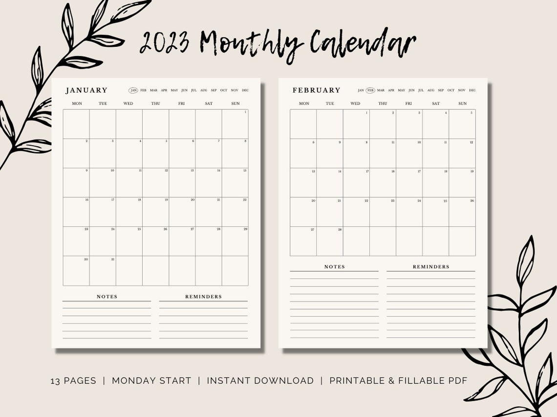 2023 Blank Monthly Calendar, Vertical Printable Calendar Pages ...